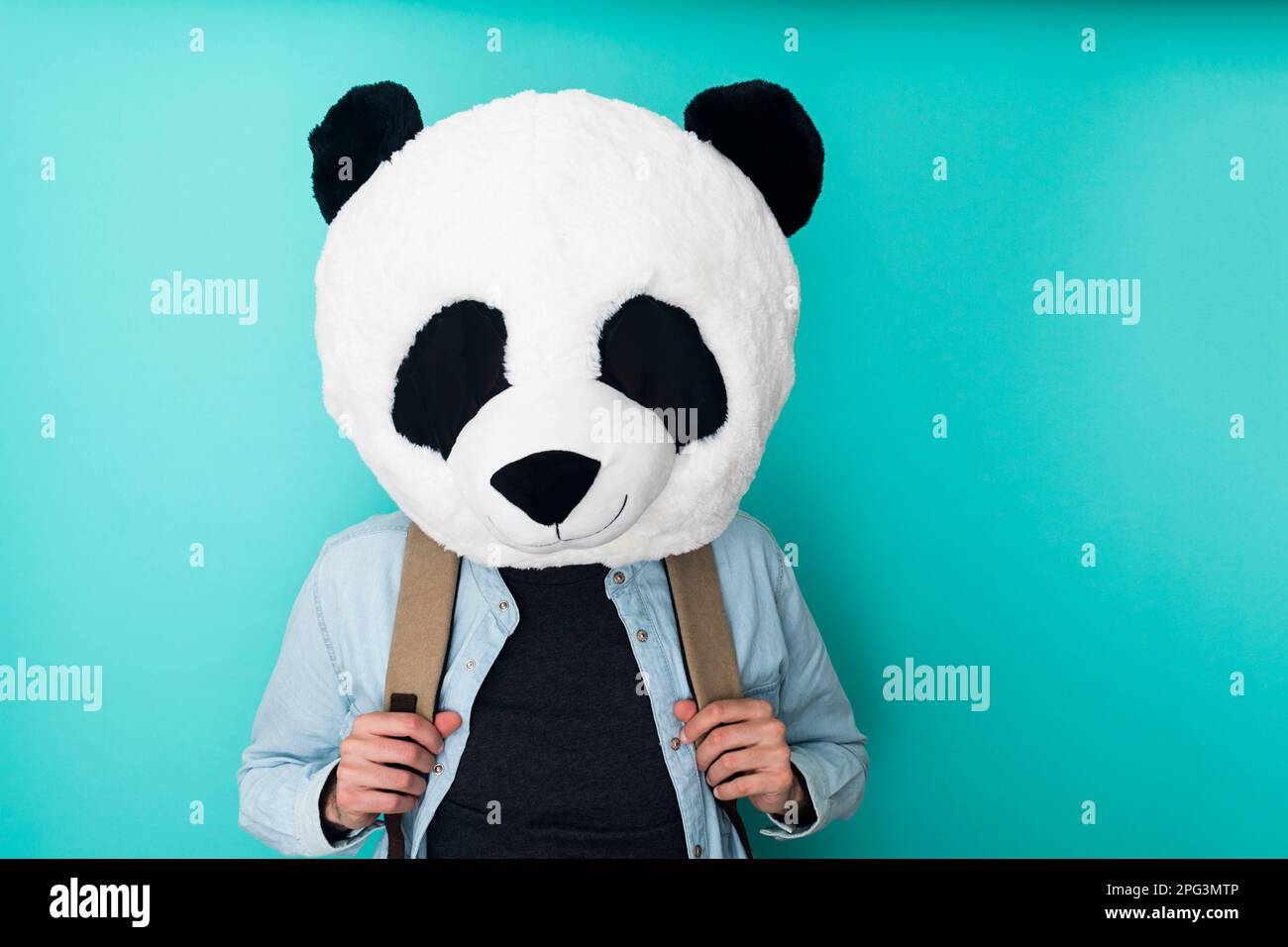 Cheerful boy wearing panda mask and carrying a backpack standing ...