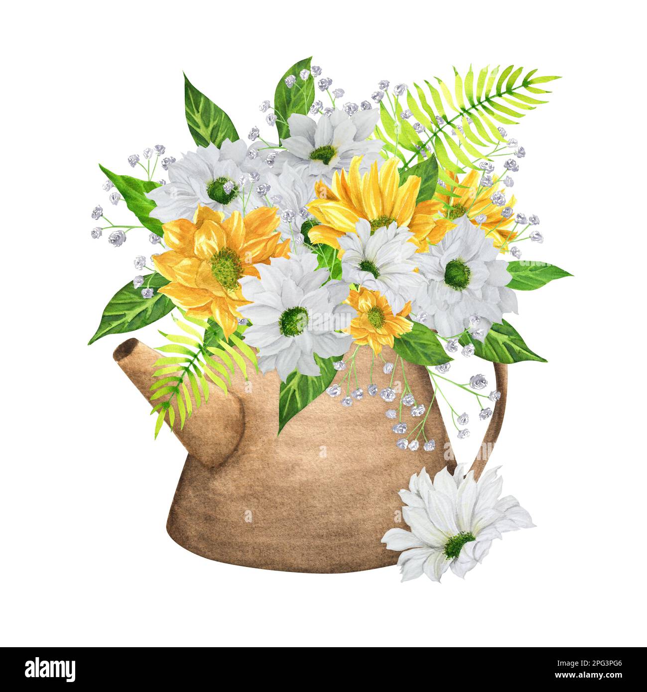 Hand drawn watercolor garden watering can with flowers. A small part of ...