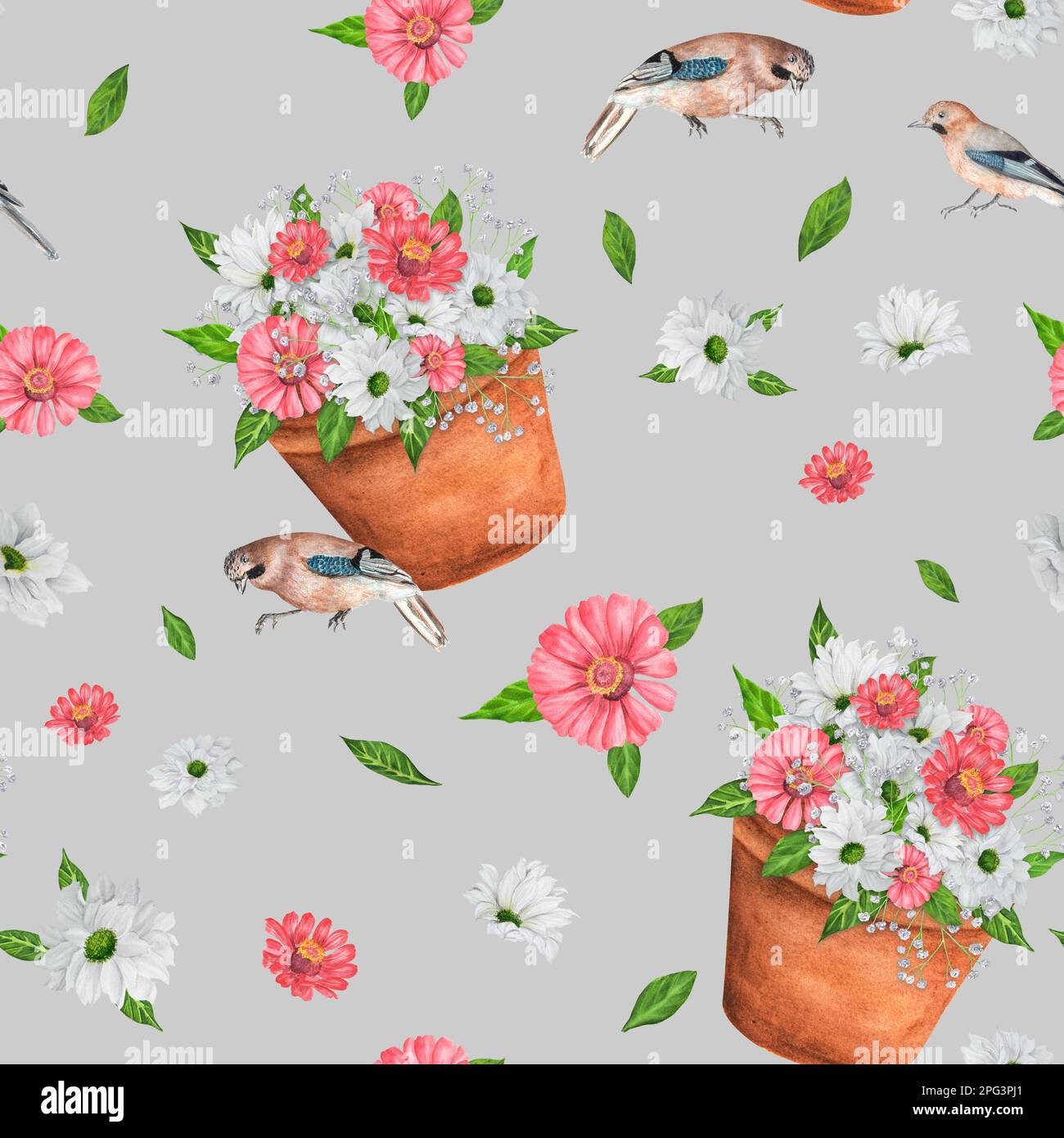 Hand drawn watercolor seamless pattern. Jay birds and garden flowers. A ...