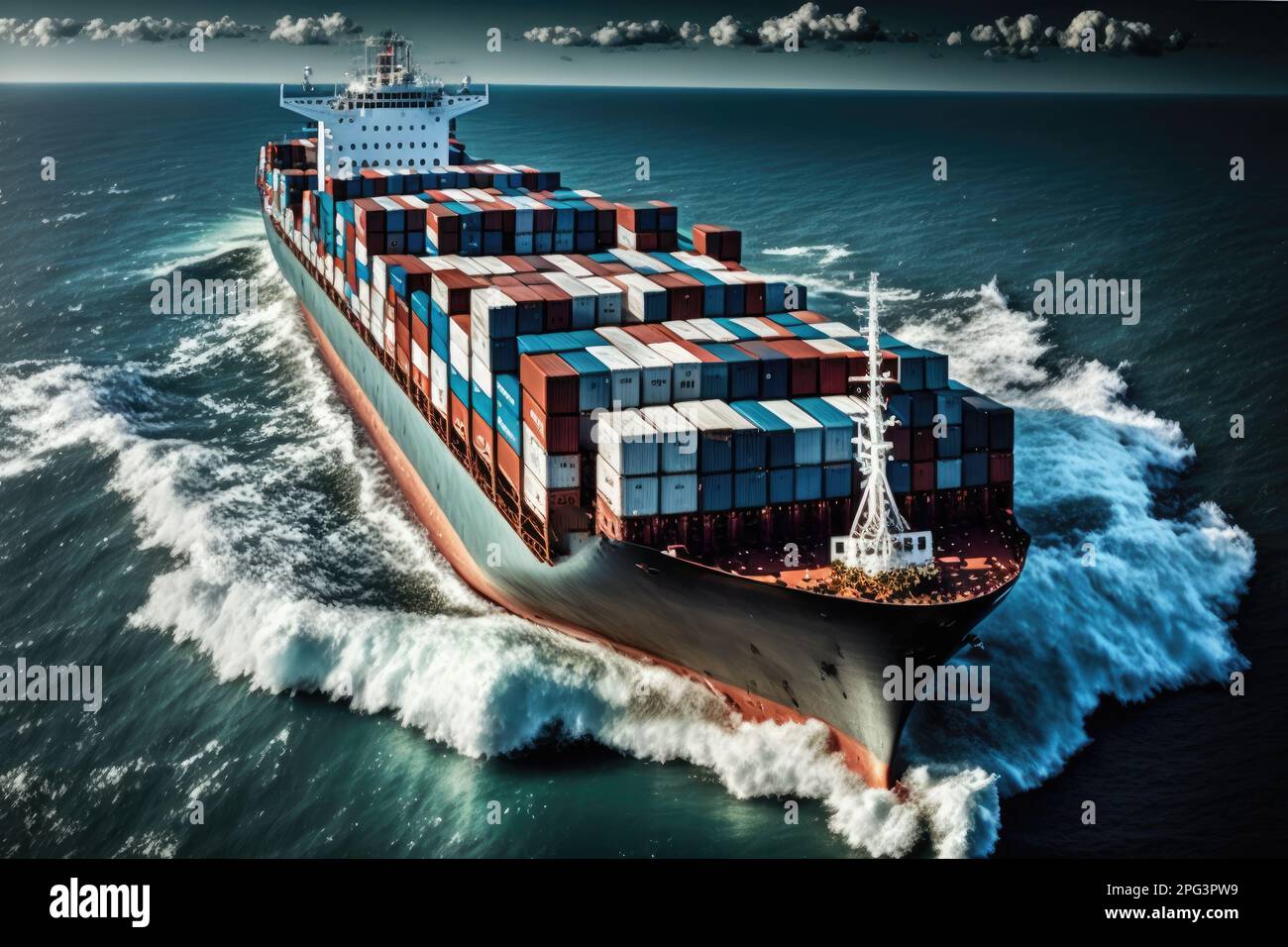Aerial view of loaded modern cargo ship cruising with waves on blue sea ...