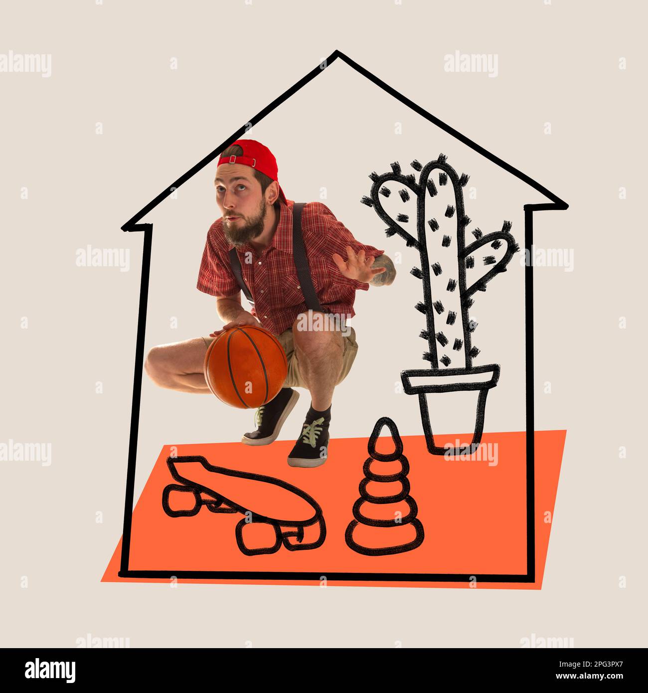 Conceptual collage with emotional young man sitting at imaginary ...