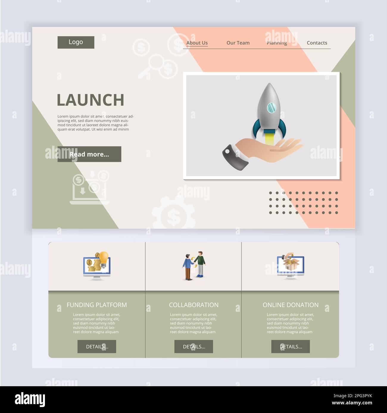 Launch flat landing page website template. Funding platform ...