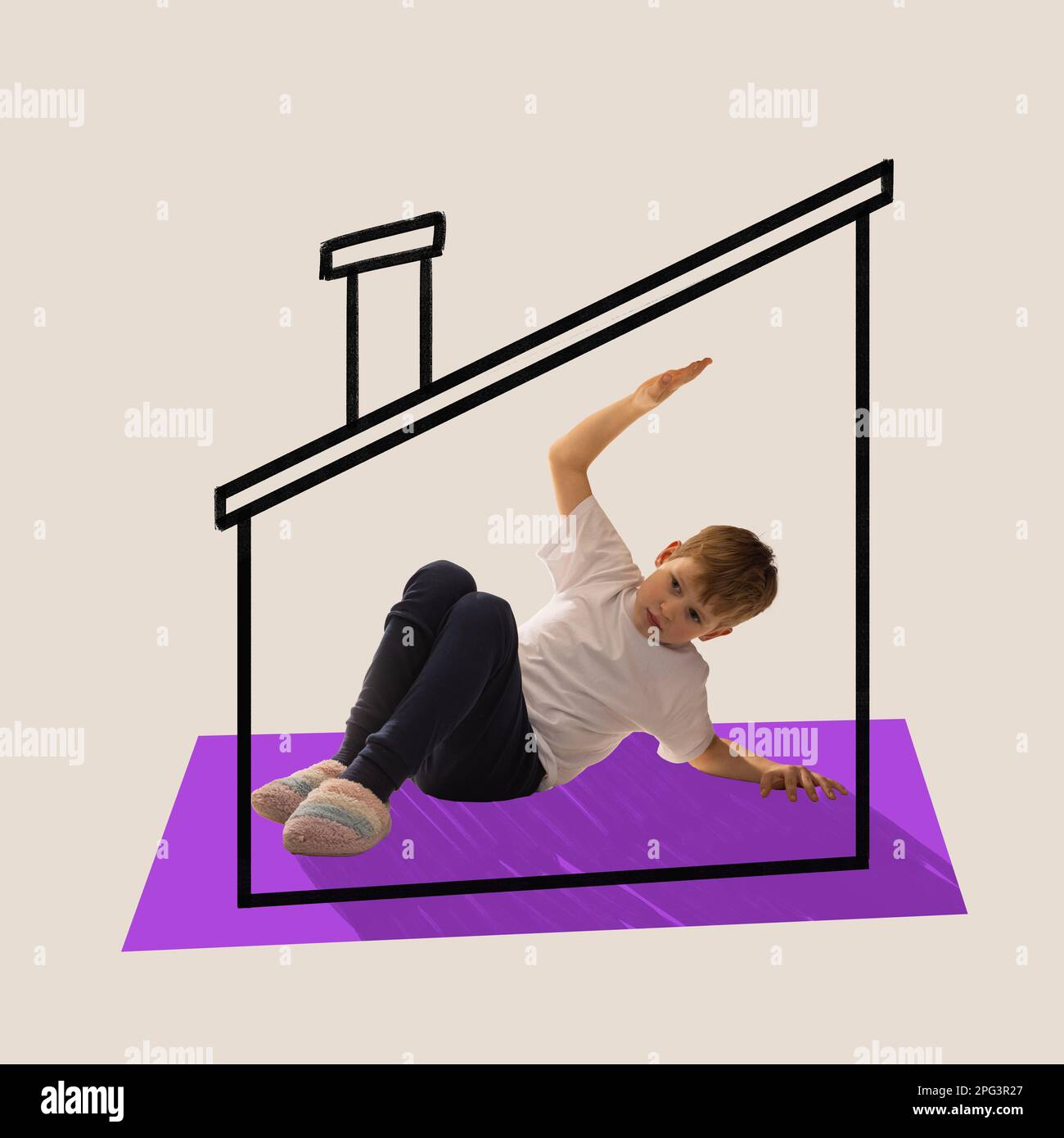 Conceptual art collage of upset little boy laying at tiny sketch house ...