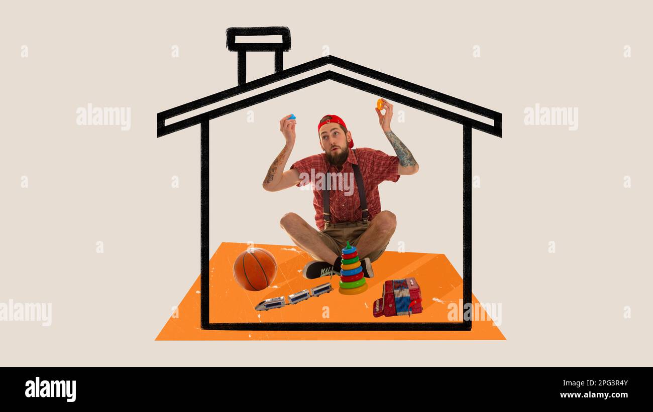 Conceptual collage with young man sitting at imaginary children's house ...