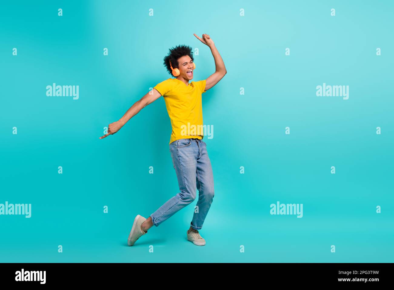 Full size photo of overjoyed cheerful person point fingers dancing ...