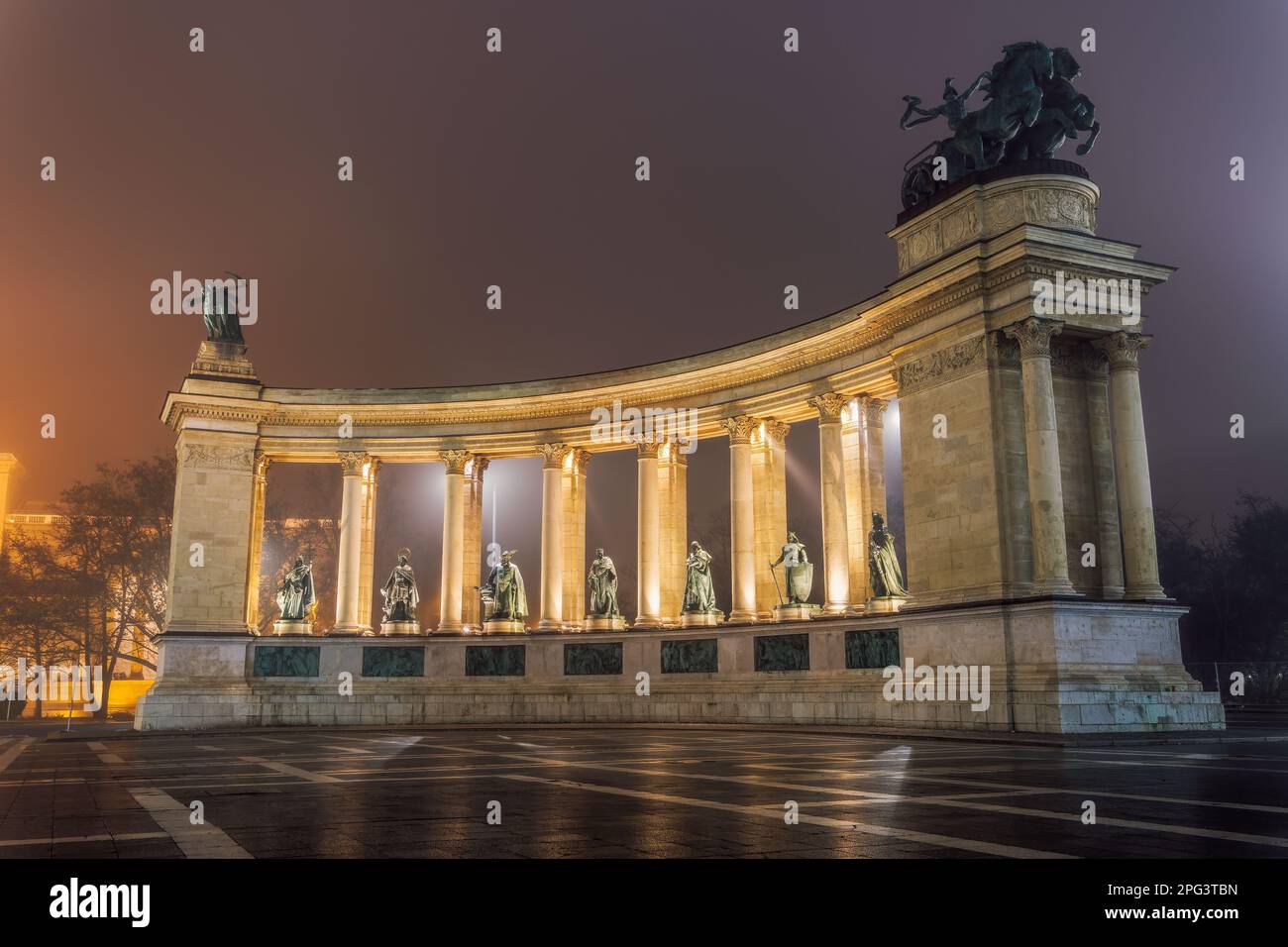 Budapest, Hungary illuminated night view of Heroes Square, Hosok Tere ...