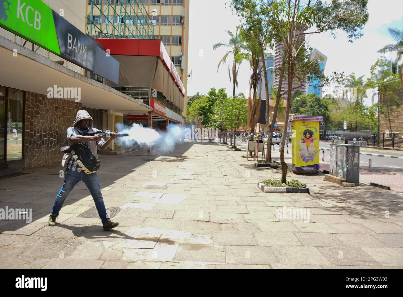 Nairobi, Kenya. 20th Mar, 2023. Anti-riot police fire a teargas ...