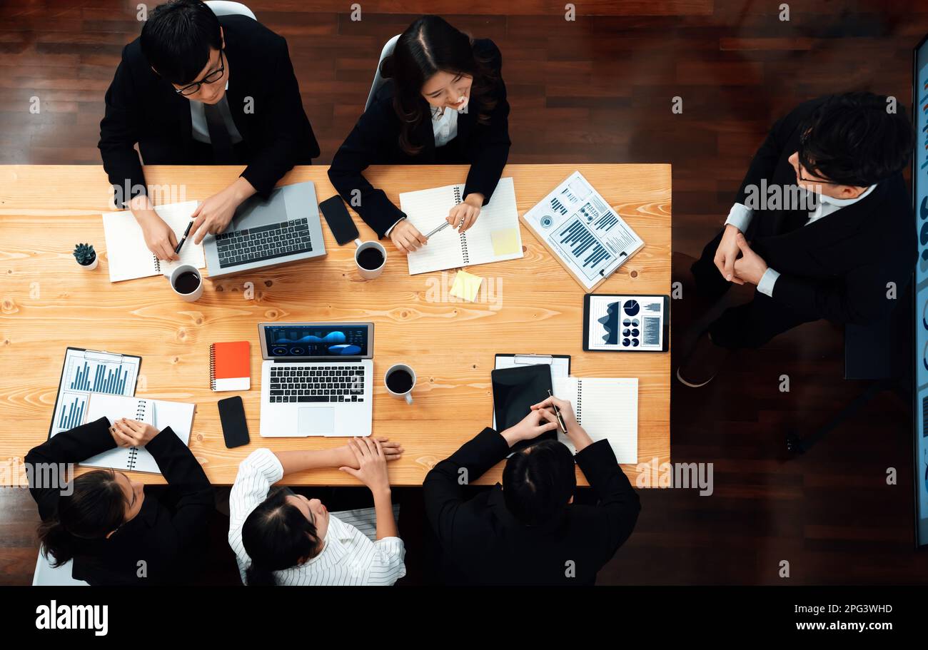 Top view manager or office worker give presentation in harmony conference room to business ...