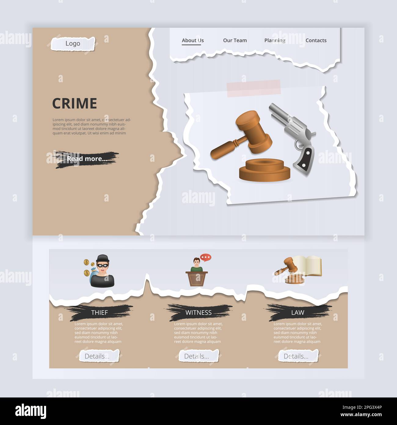 Crime flat landing page website template. Thief, witness, law. Web ...