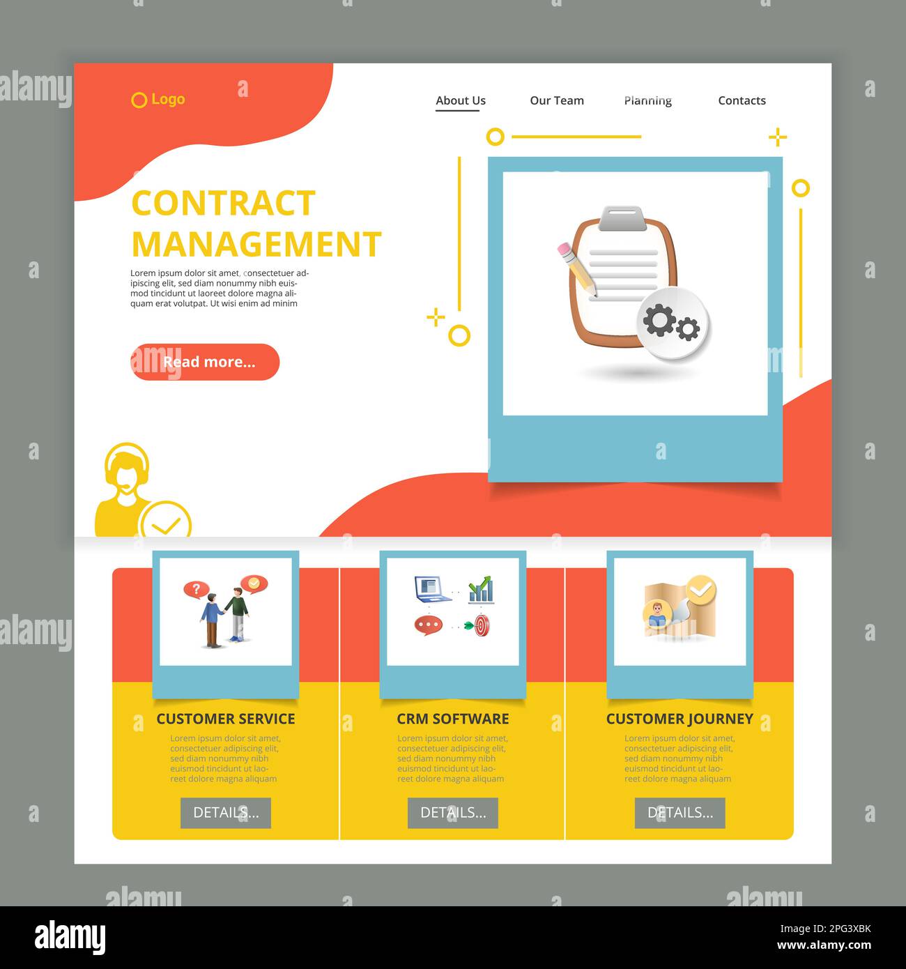 Contract management flat landing page website template. Customer ...
