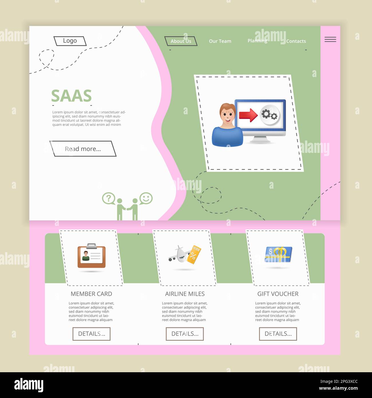 SAAS flat landing page website template. Member card, airline miles ...