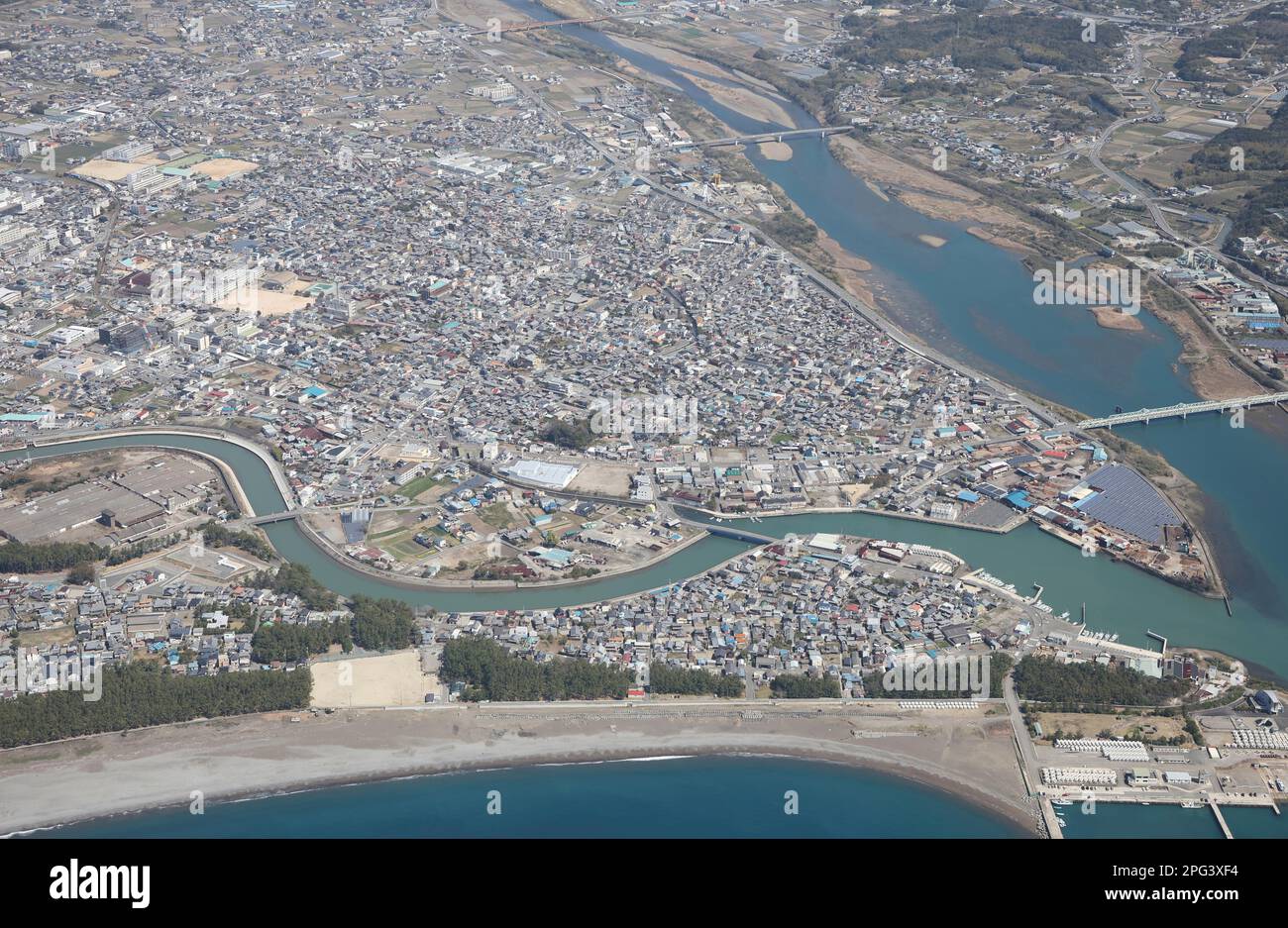 An aerial photo shows Gobo city in Wakayama Prefecture where it is ...