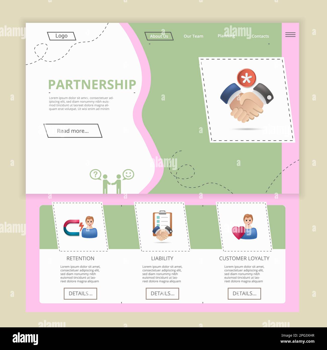 Partnership flat landing page website template. Retention, liability ...