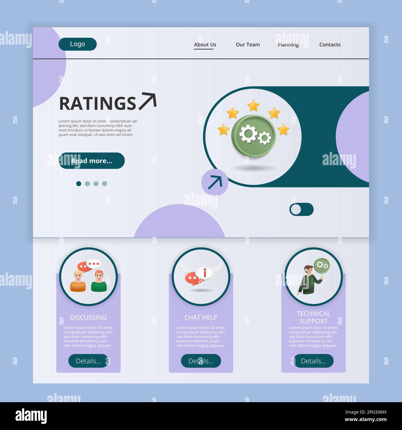 Ratings flat landing page website template. Discussing, chat help, technical support. Web banner ...