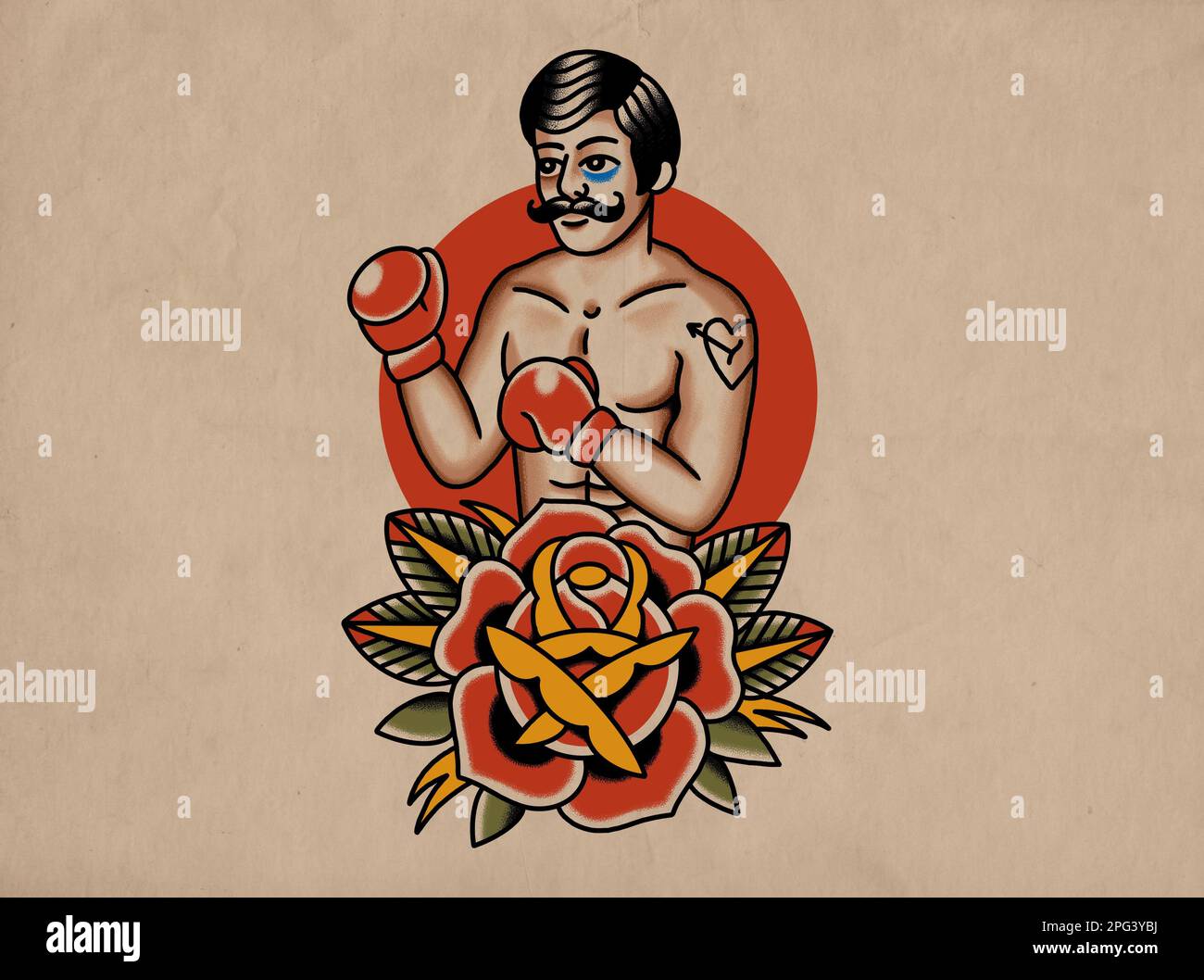 Old school traditional tattoo design boxer with rose full color on old ...