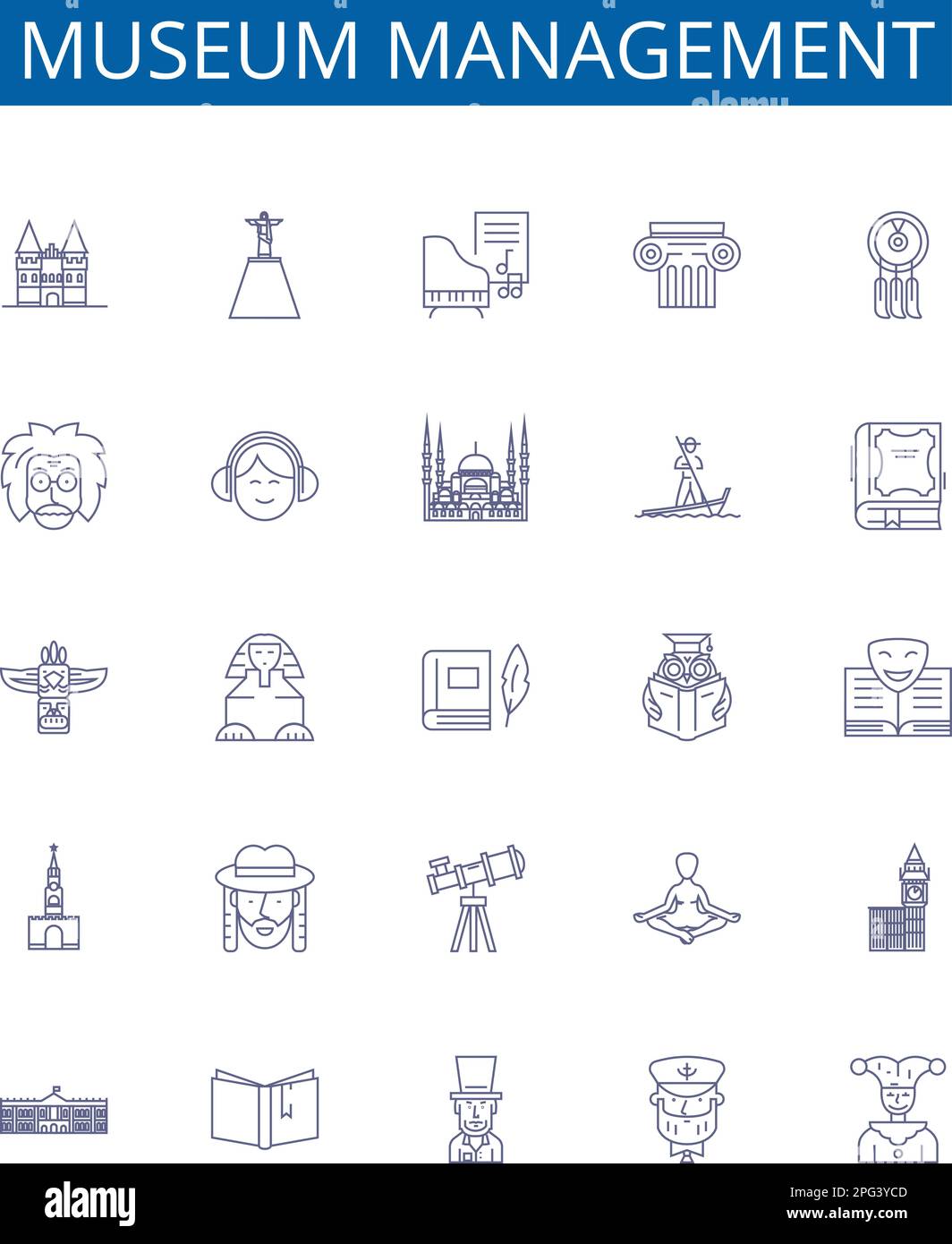 Museum management line icons signs set. Design collection of Curating, Exhibiting, Preserving ...