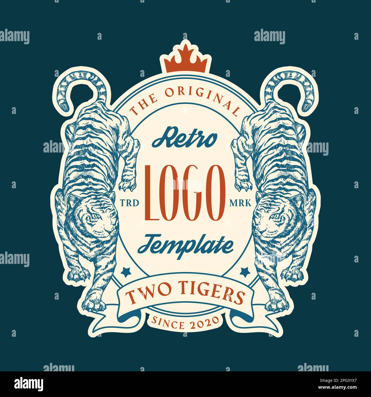 Tigers Abstract Retro Vector Frame Badge Logo Template. Hand Drawn ...