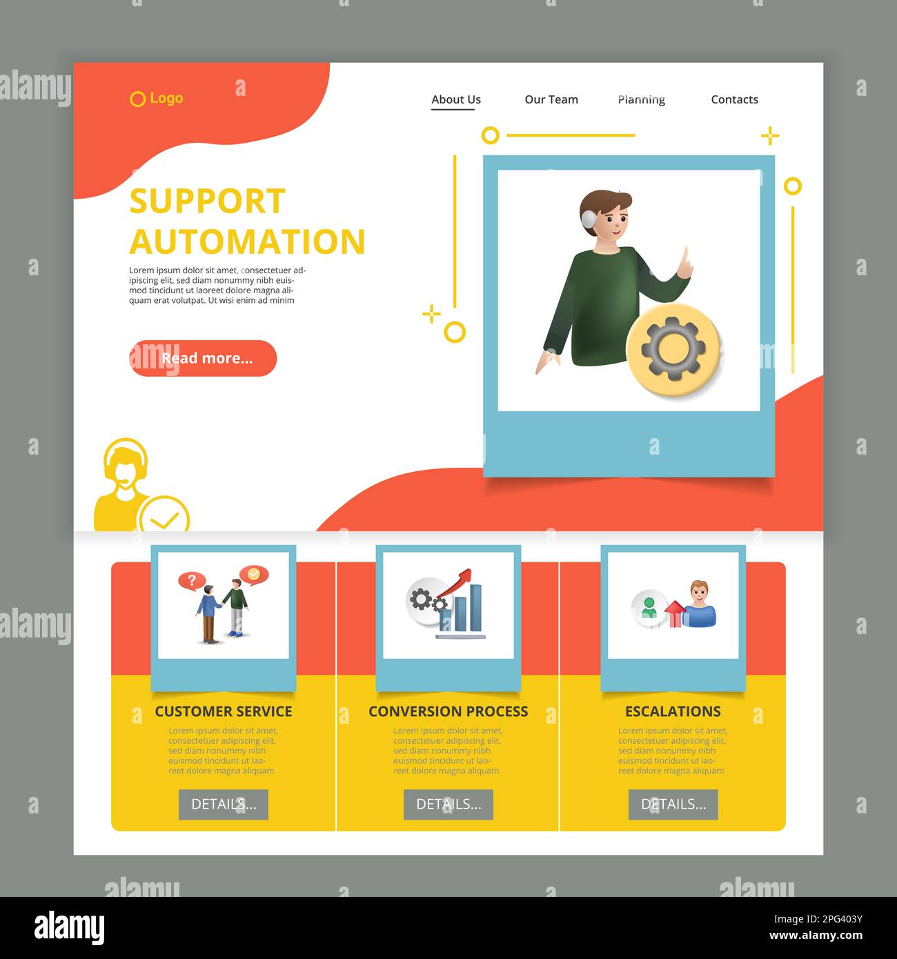 Support automation flat landing page website template. Customer service, conversion process ...