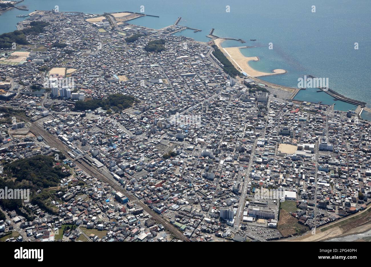 An aerial photo shows Tanabe city in Wakayama Prefecture where it is ...
