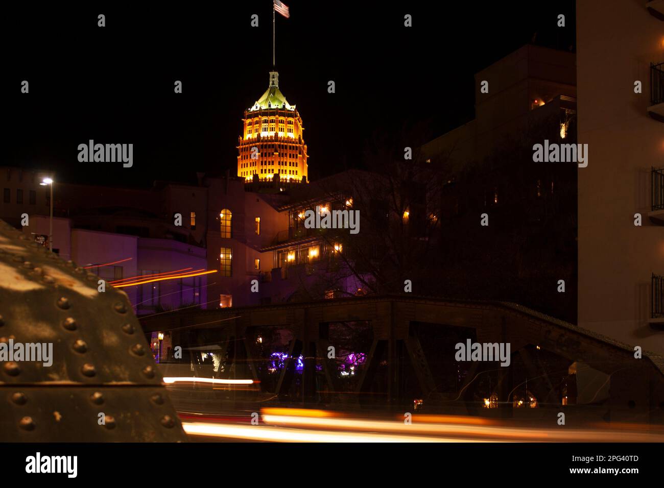 Night Houston Street on the Riverwalk San Antonio Texas Light rays ...