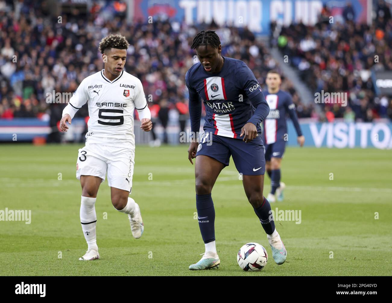 Timothee Pembele of PSG, Warmed Omari of Rennes (left) during the ...