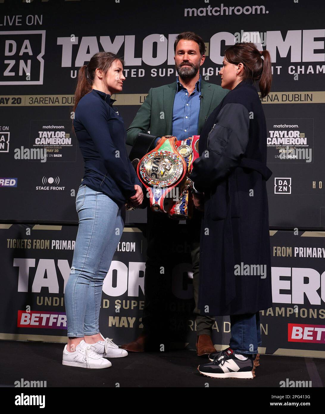 Katie Taylor, Eddie Hearn and Chantelle Cameron (left-right)during a ...