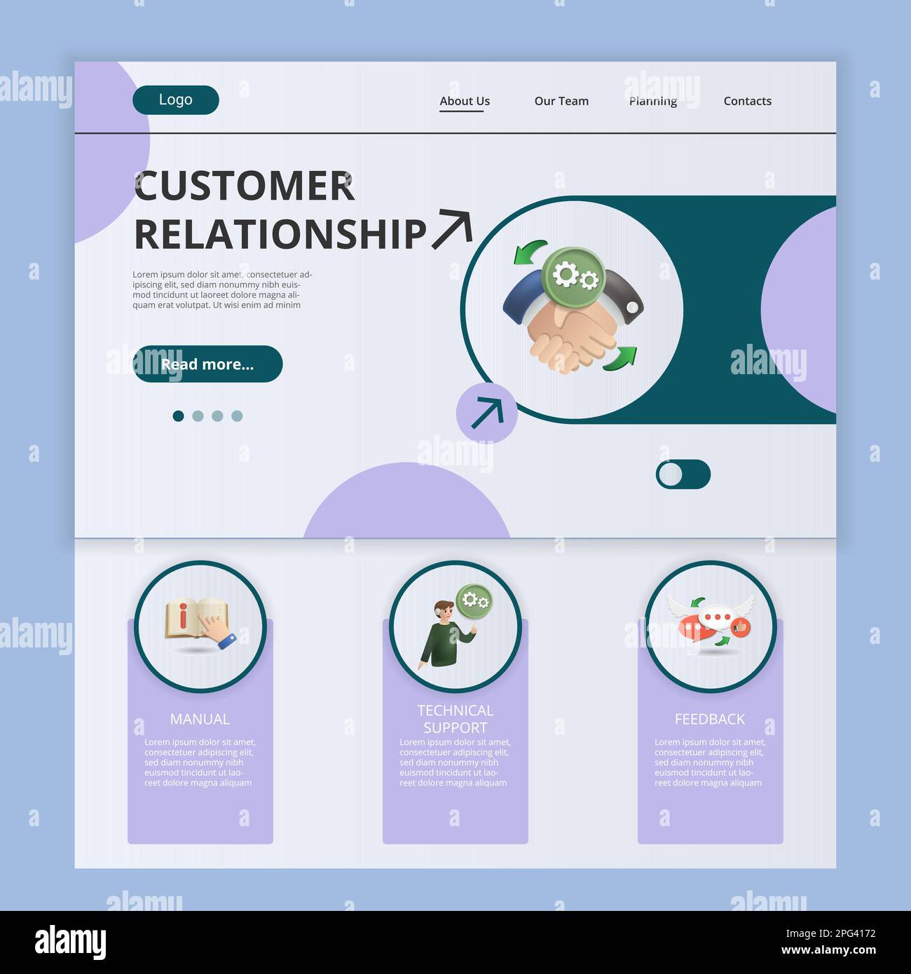 Customer relationship flat landing page website template. Manual ...
