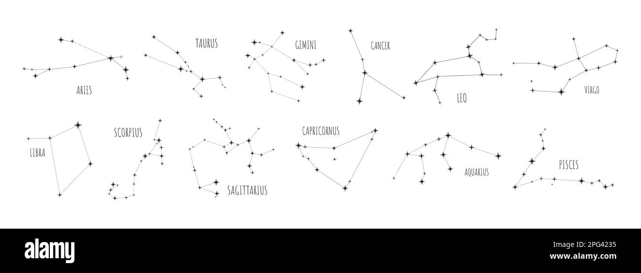 Zodiac Constellations collection, 12 signs, Black doodle icon on white ...