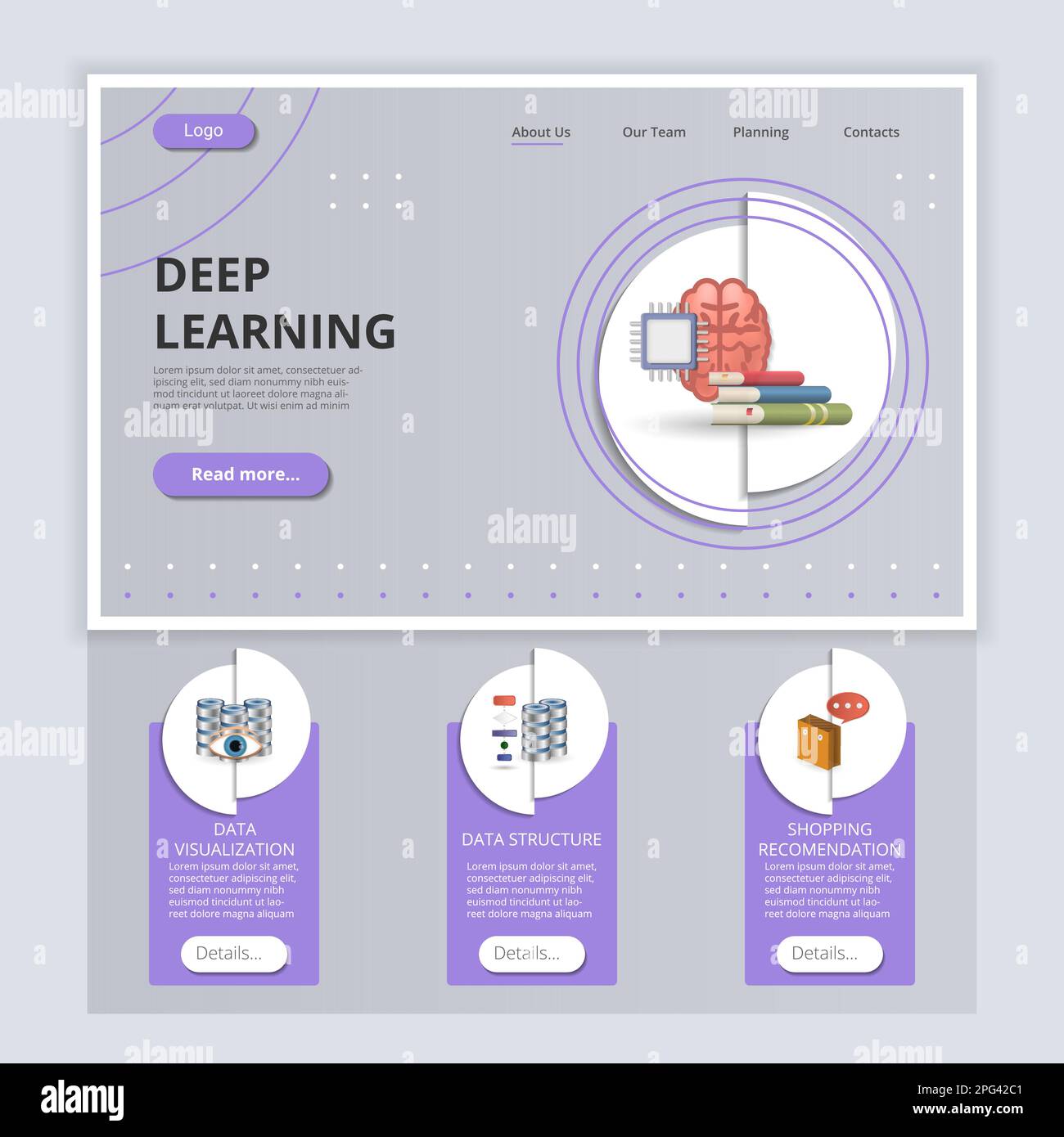Deep learning flat landing page website template. Data visualization, data structure, shopping ...