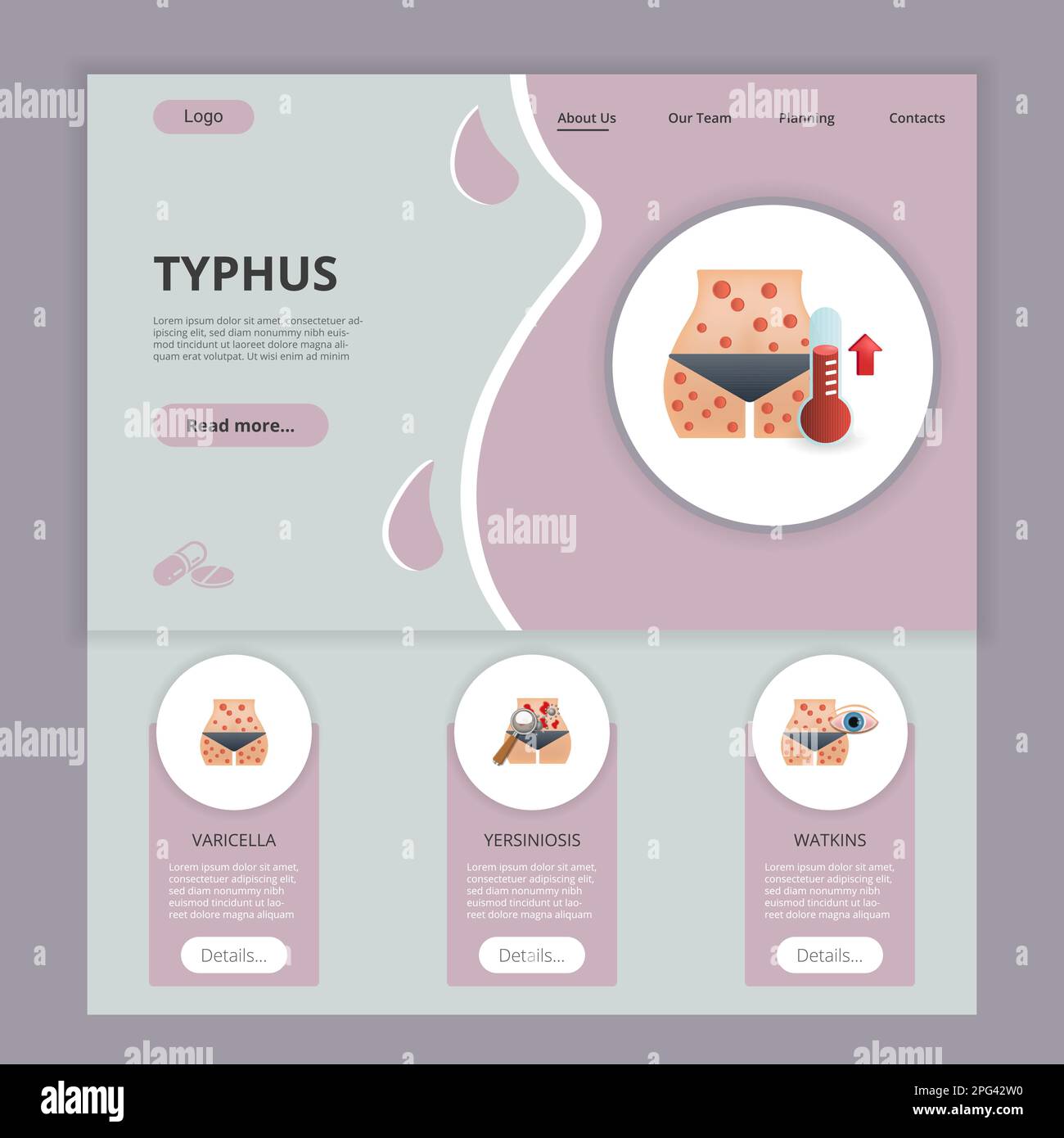 Typhus flat landing page website template. Varicella, yersiniosis ...