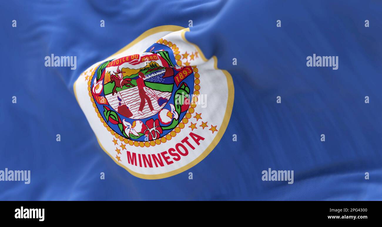 Minnesota state flag waving. Blue field with the state seal. The seal ...