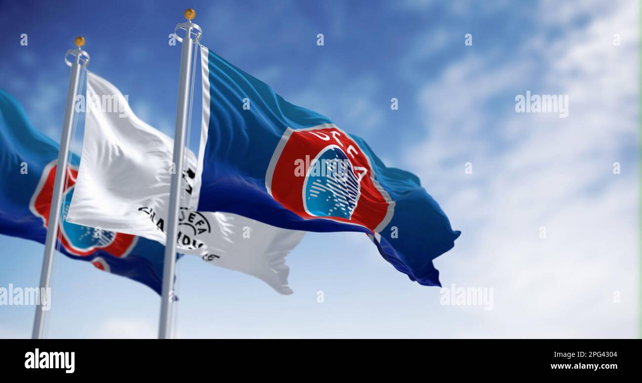 Istanbul TR, March 2023: Three UEFA and UEFA Champions League flags ...