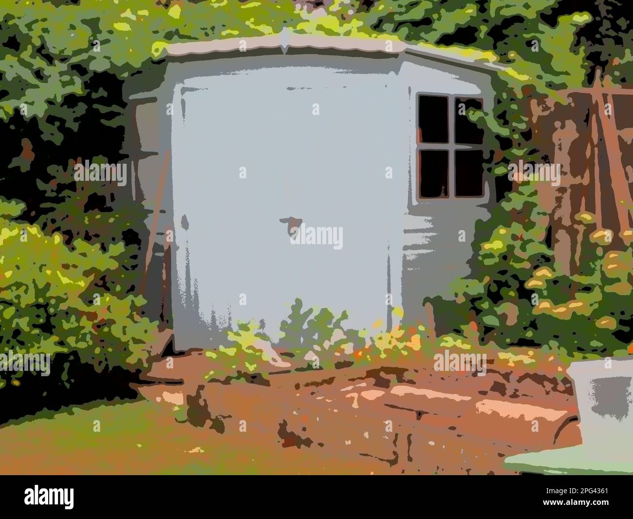 Beach hut blue garden shed, the image controlled to reduce tonal range ...