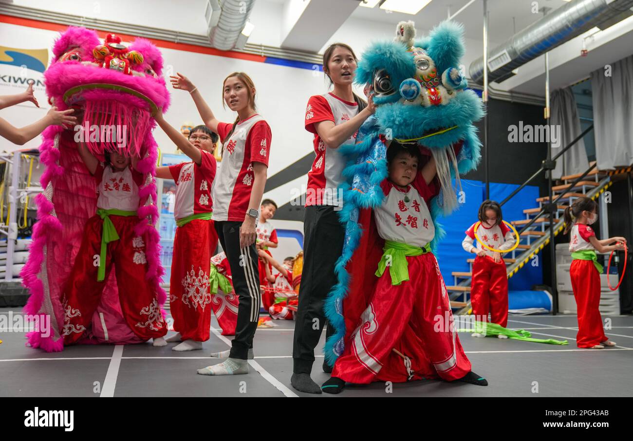 Children training for lion dance performance at Luk Chee Fu Martial ...