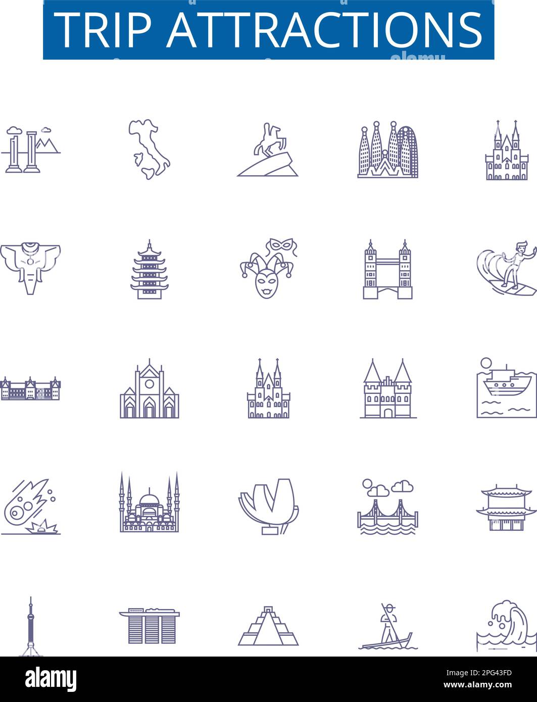 Trip attractions line icons signs set. Design collection of Tourist, Sightseeing, Local ...