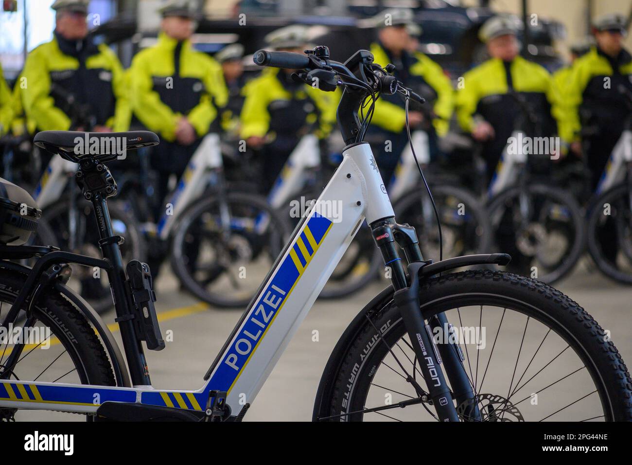20 March 2023, Saxony-Anhalt, Schönebeck: "Police" is written on a ...