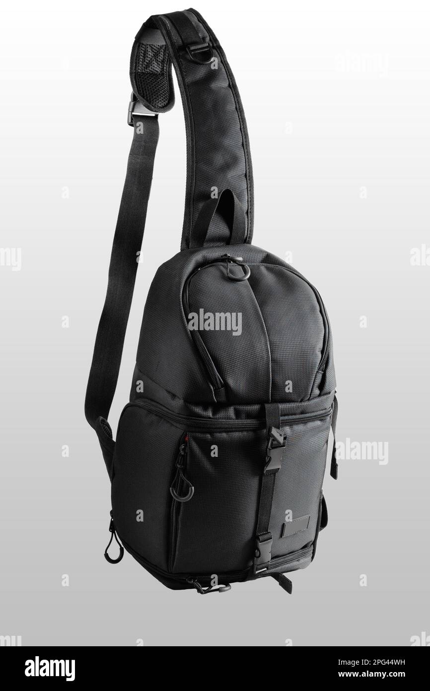 Photo bag over his shoulder. Close-up. Isolated on light gray ...