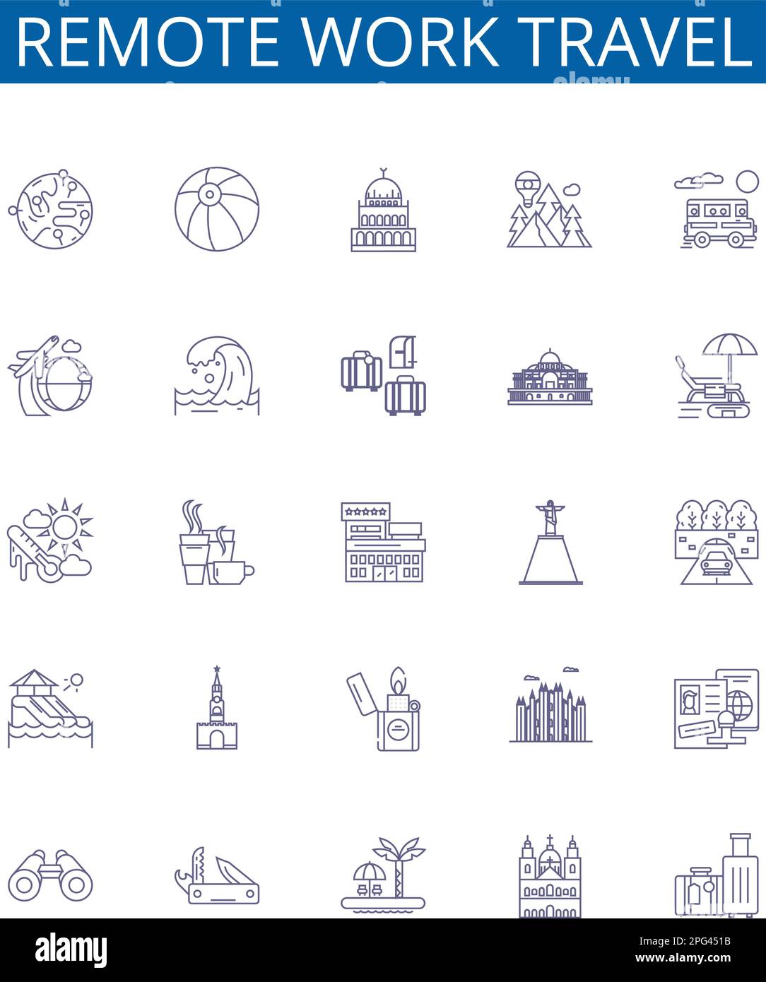 Remote work travel line icons signs set. Design collection of Remote, Work, Travel, Remote-Work ...
