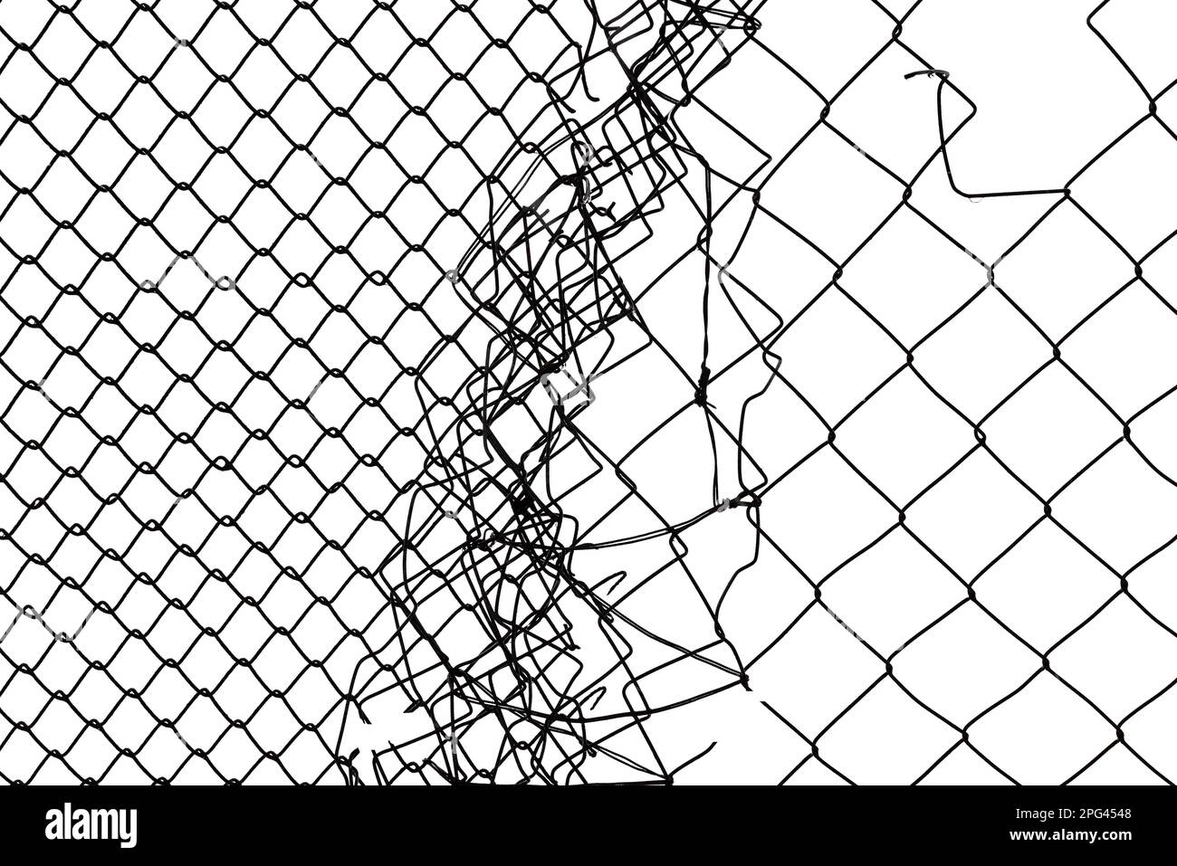 The texture of the metal mesh. Torn, destroyed, broken metal mesh on a ...