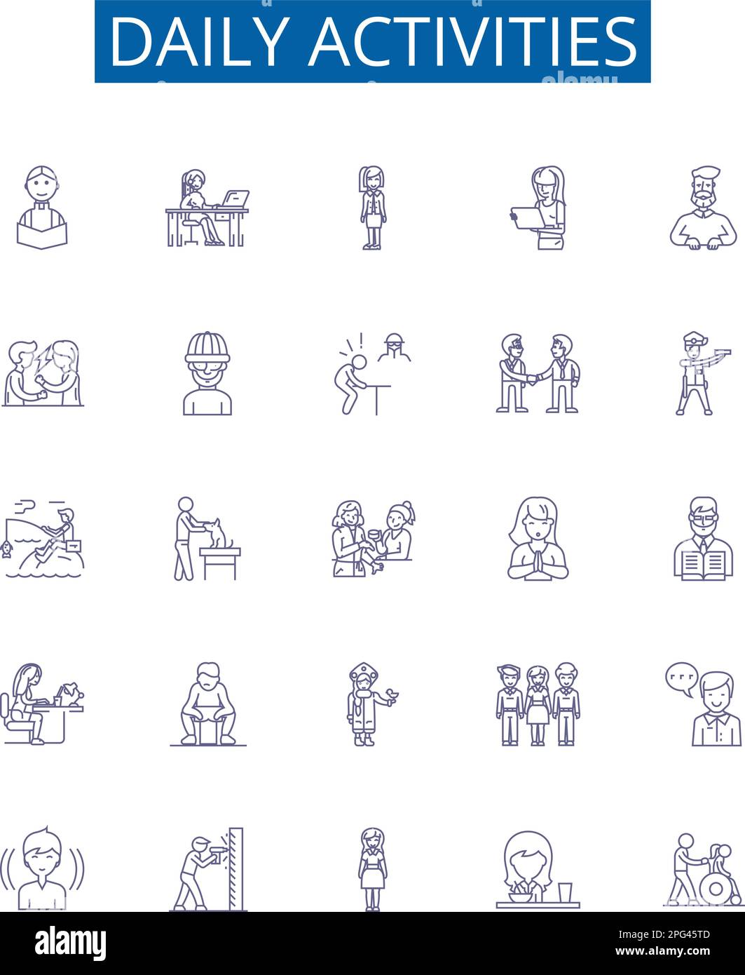 Daily activities line icons signs set. Design collection of Routine, Exercise, Work, Study ...