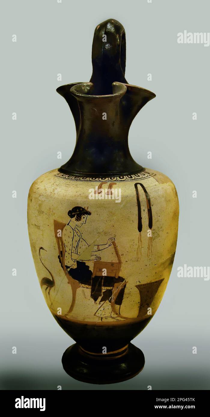 Attic white ground Oinochoe, Seated woman opening a kalathos from ...