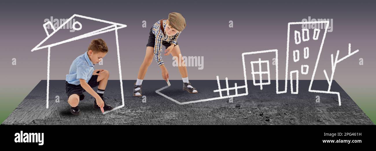 Two little boys, kids in retro clothes playing, drawing with chalk over ...