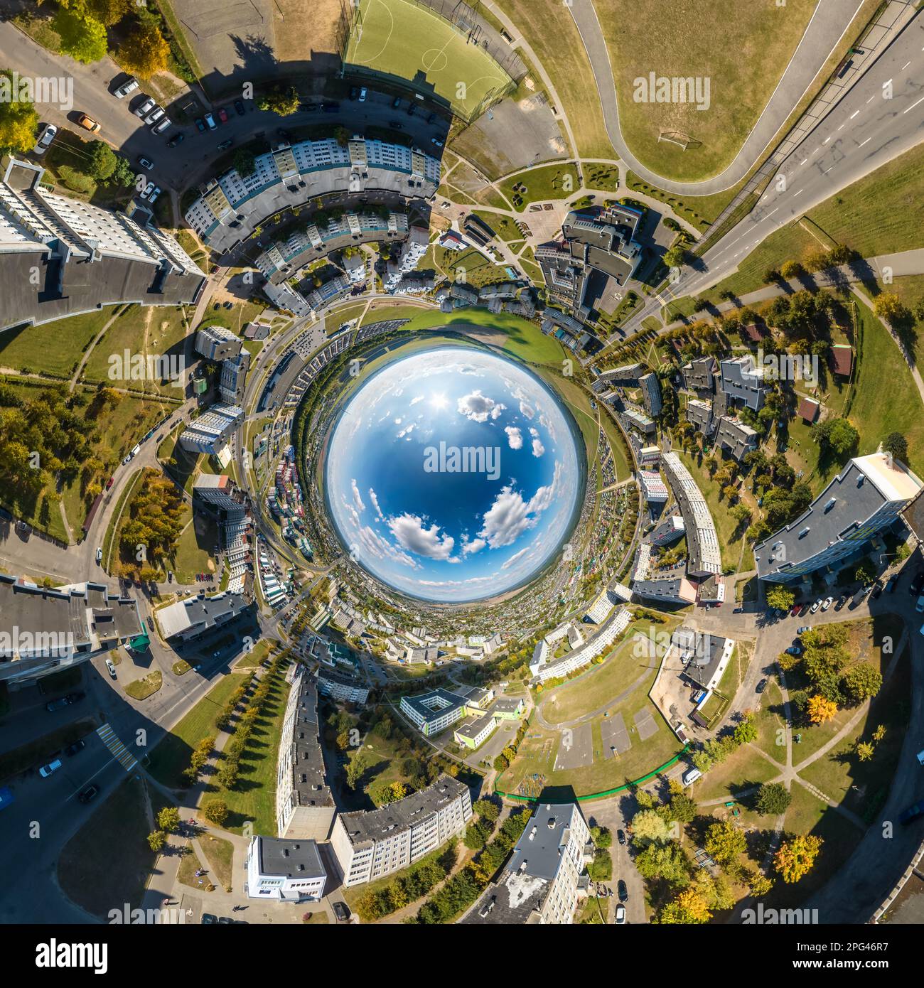 blue sphere inside overlooking old town, urban development, historic buildings and crossroads ...