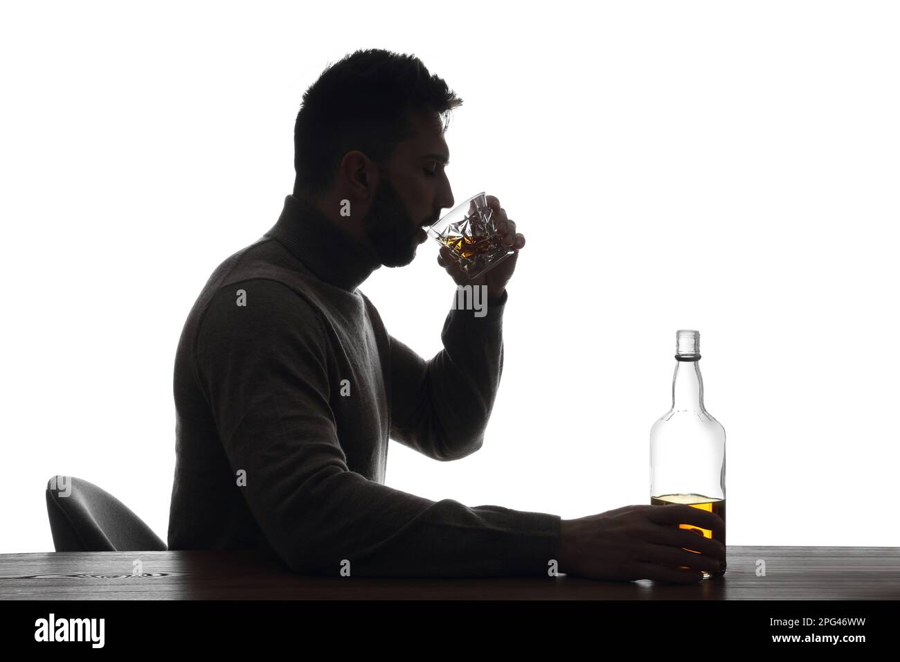 Silhouette of addicted man drinking alcohol on white background Stock ...