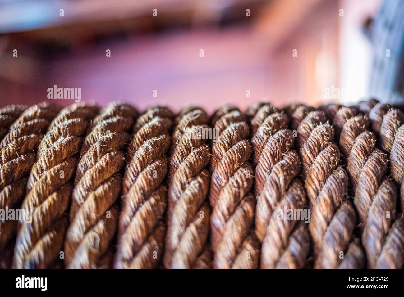 Ship's rope on a winch on an antique ship, the Neptune, in Genova ...