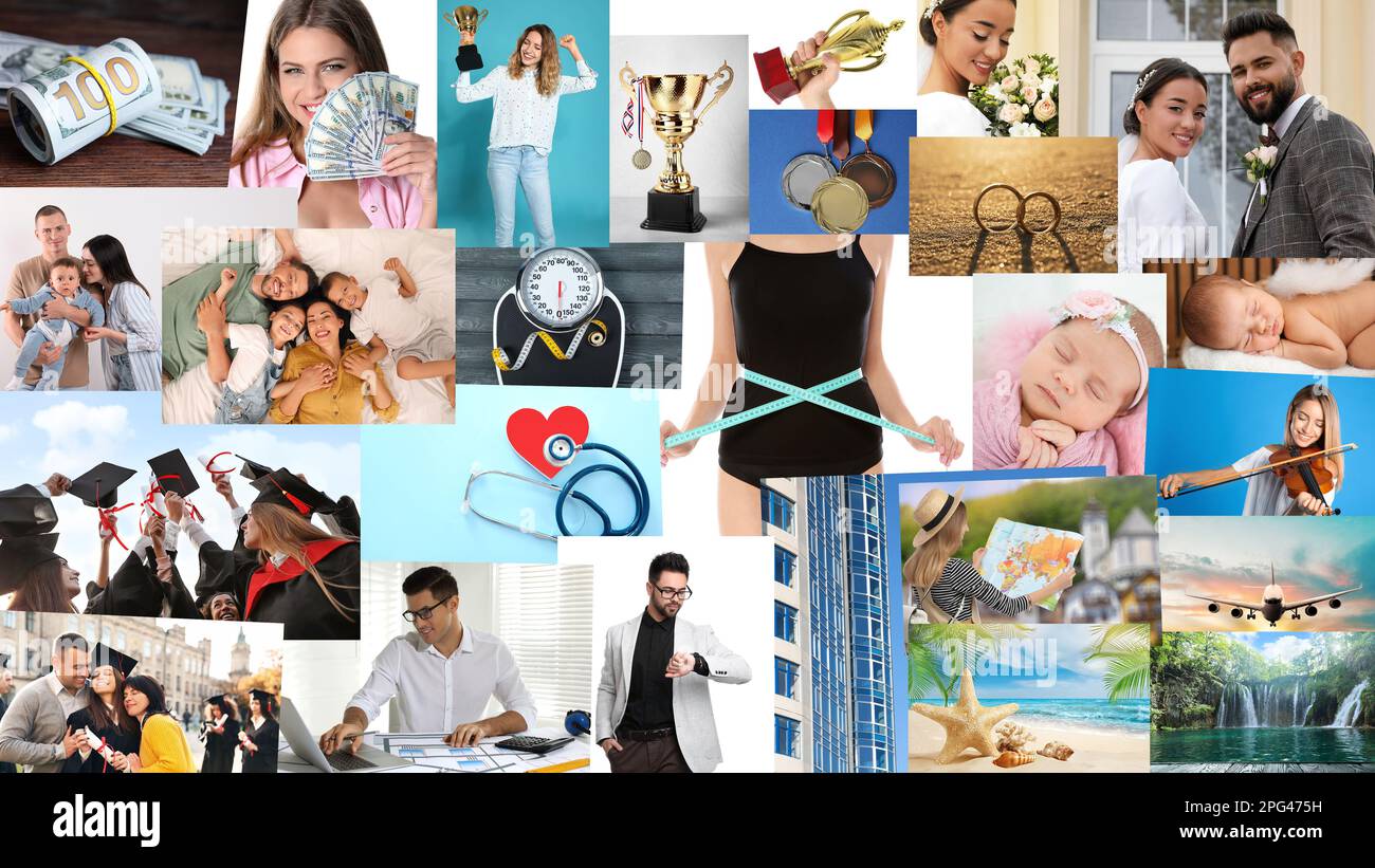 Vision board design. Collage with different photos representing dreams ...