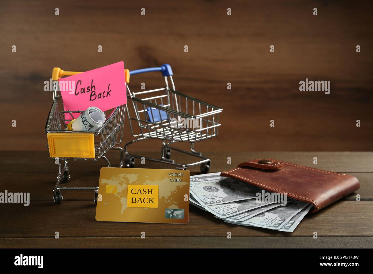 Composition with signs Cash Back, credit card and small shopping carts ...