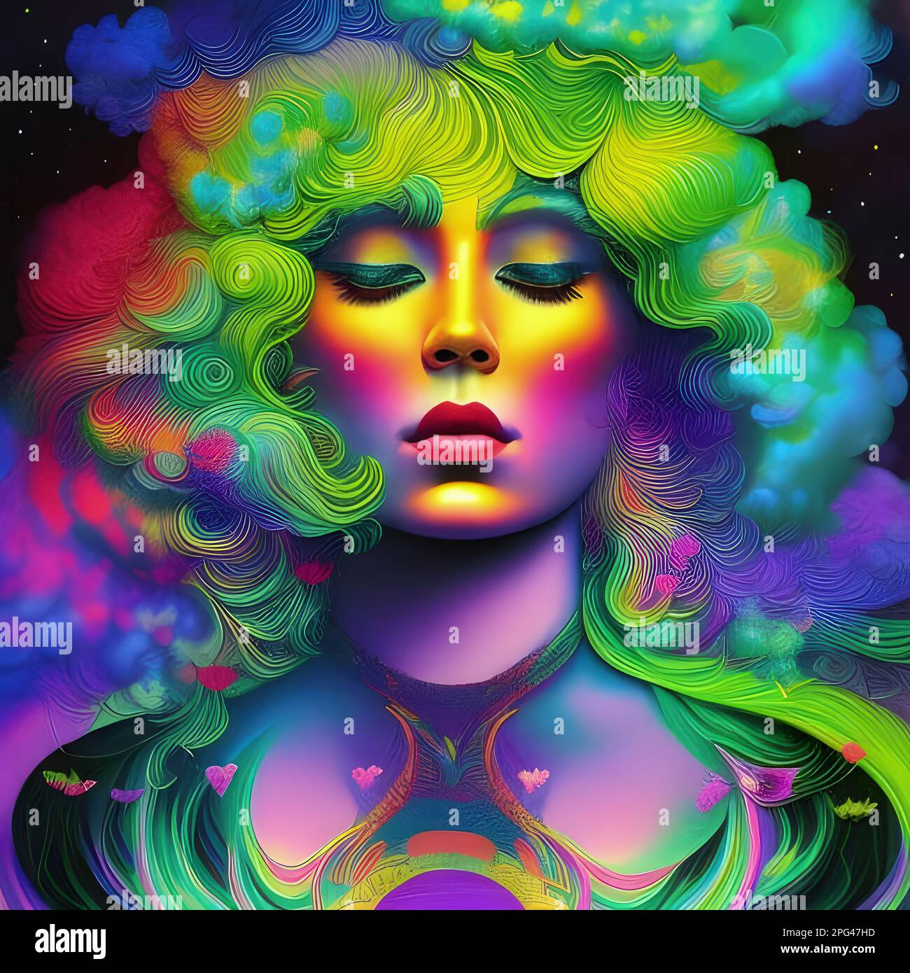 A female model wearing a vibrant, multi-colored wig with feathers for a ...