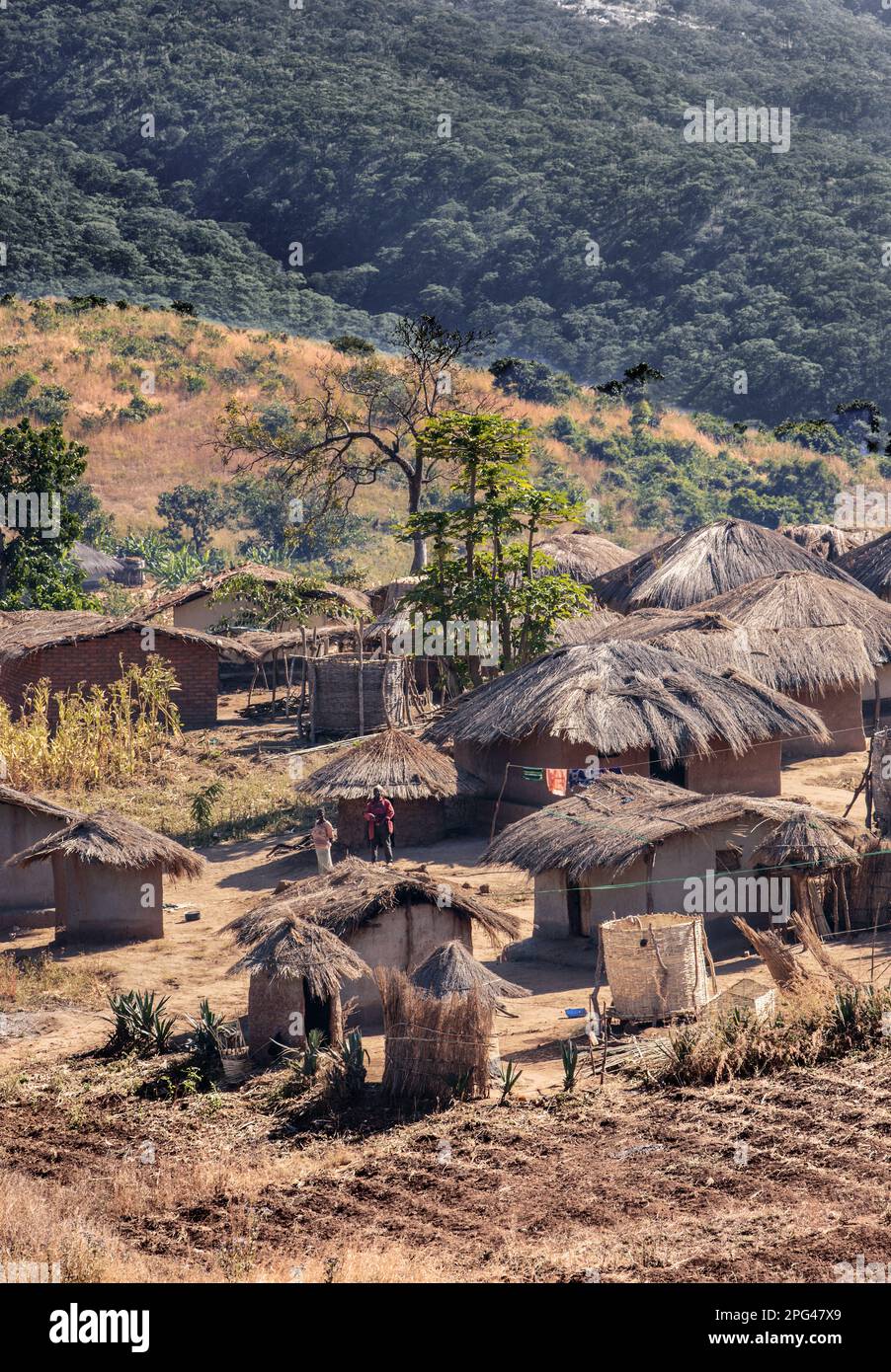 Rural village against the slopes of the Ntchisi Forest Reserve west of ...