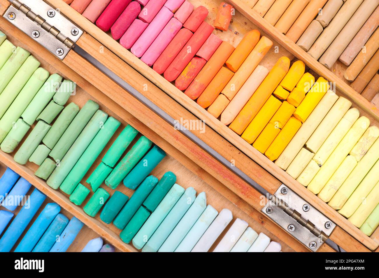 Set of soft pastels in wooden box as background, top view. Drawing ...